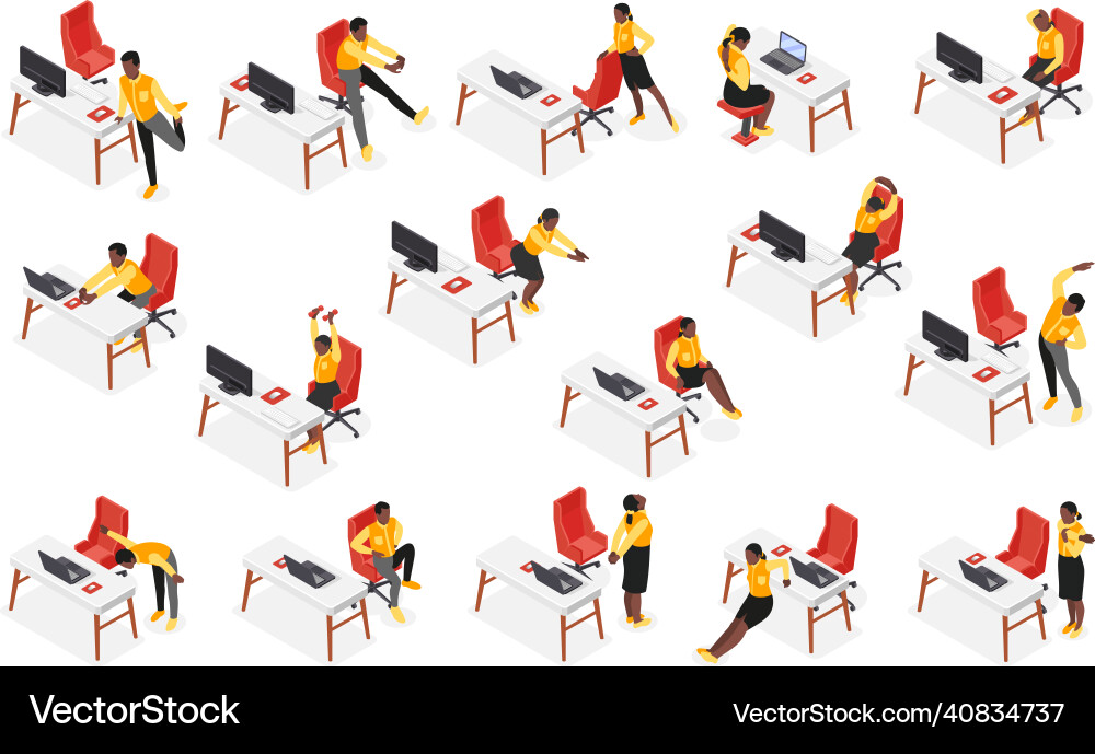 Office stretches isometric set Royalty Free Vector Image