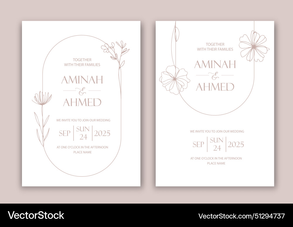 Wedding invitation with flowers in line design Vector Image