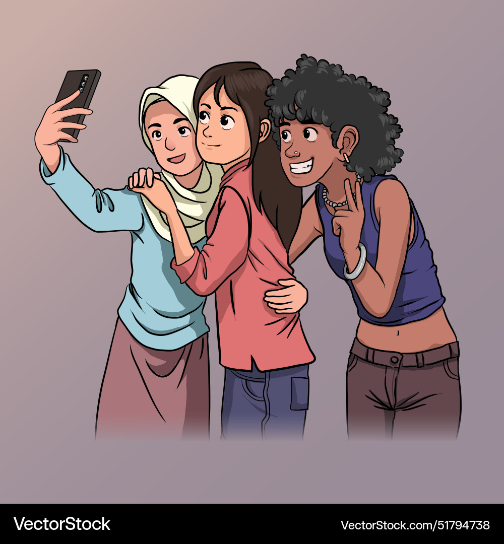 Multi ethnic friends doing wefie Royalty Free Vector Image