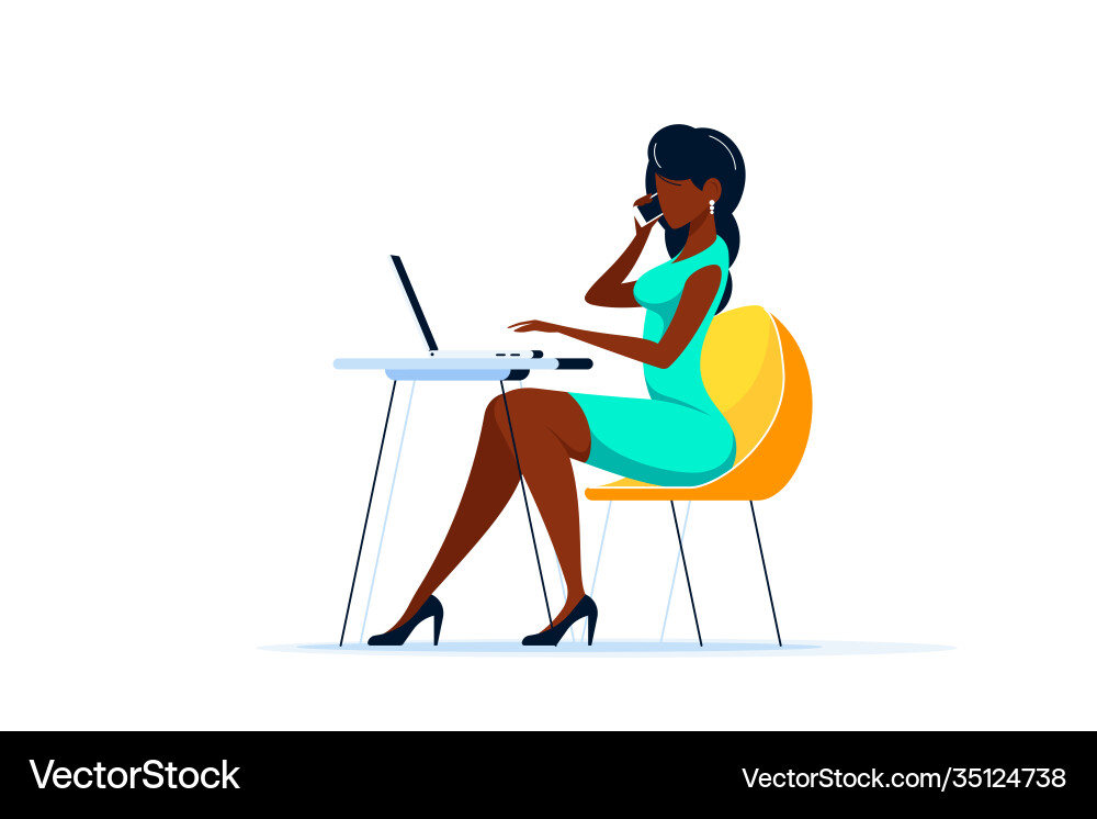 Young black woman working on computer in office Vector Image