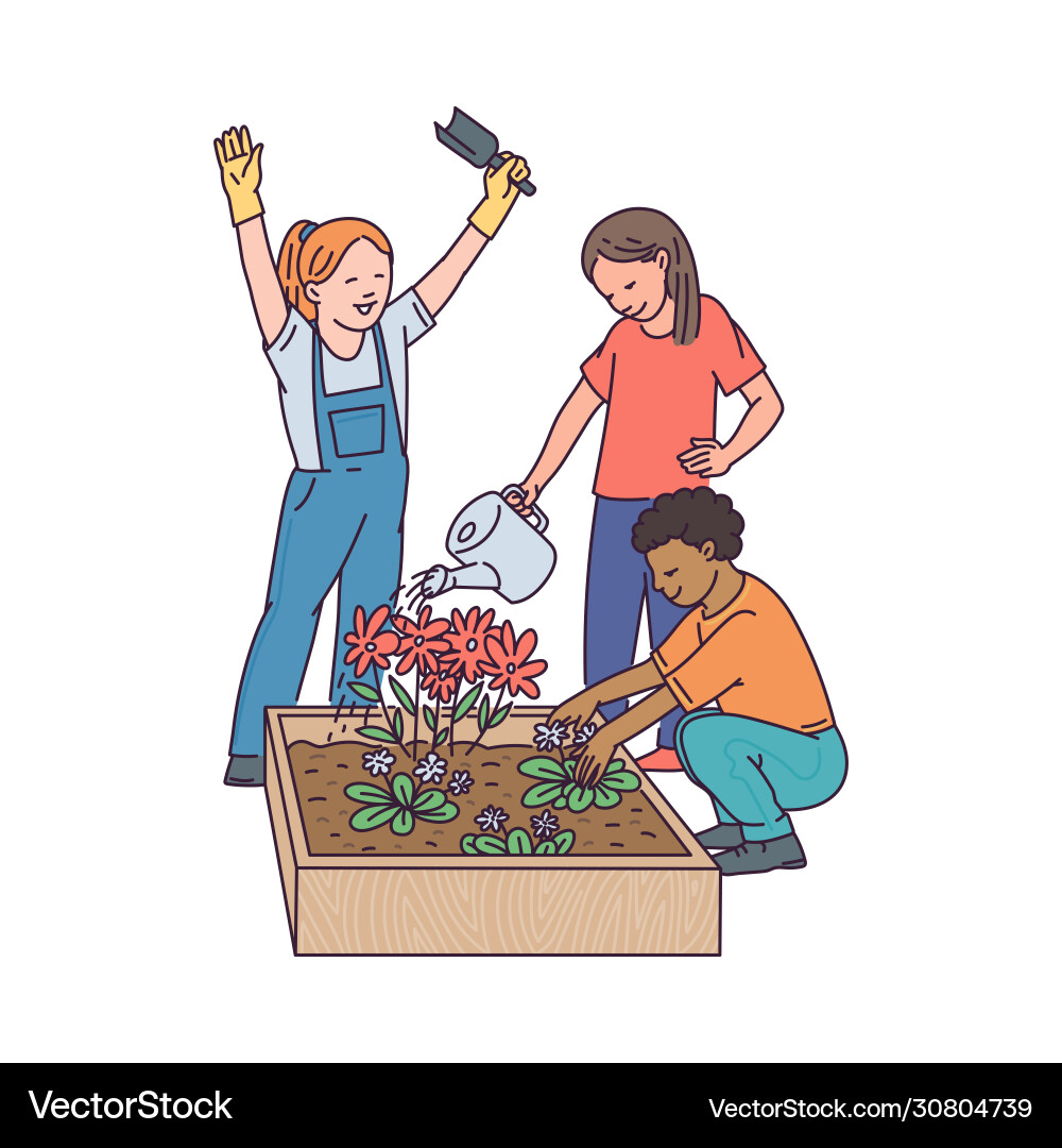 Cartoon children gardening - kids in garden Vector Image