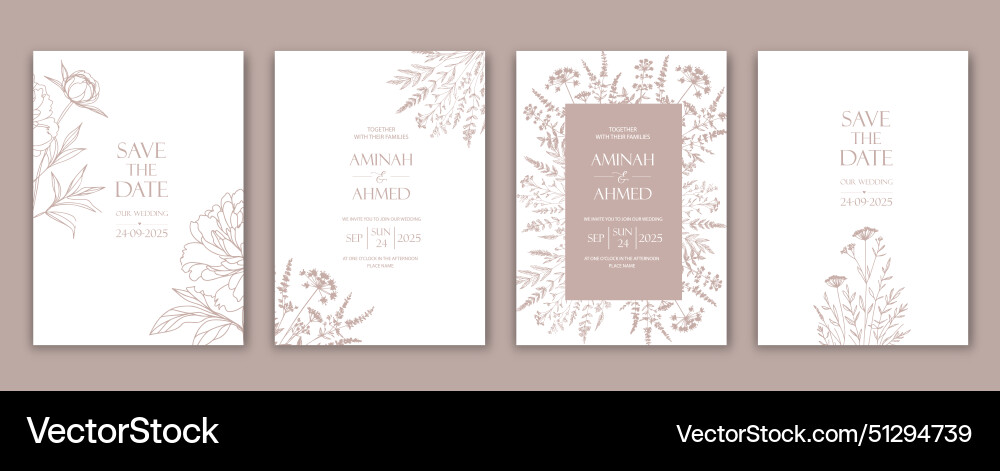 Wedding invitation with flowers in line design Vector Image