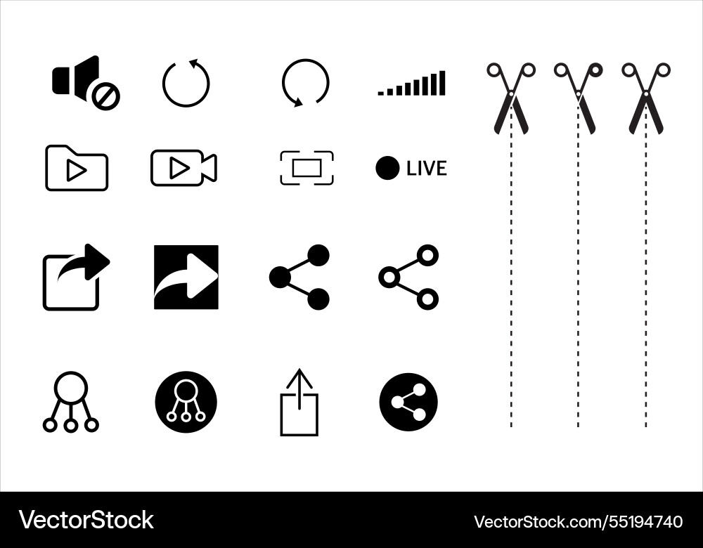 Creative scissors and media player icon pack Vector Image