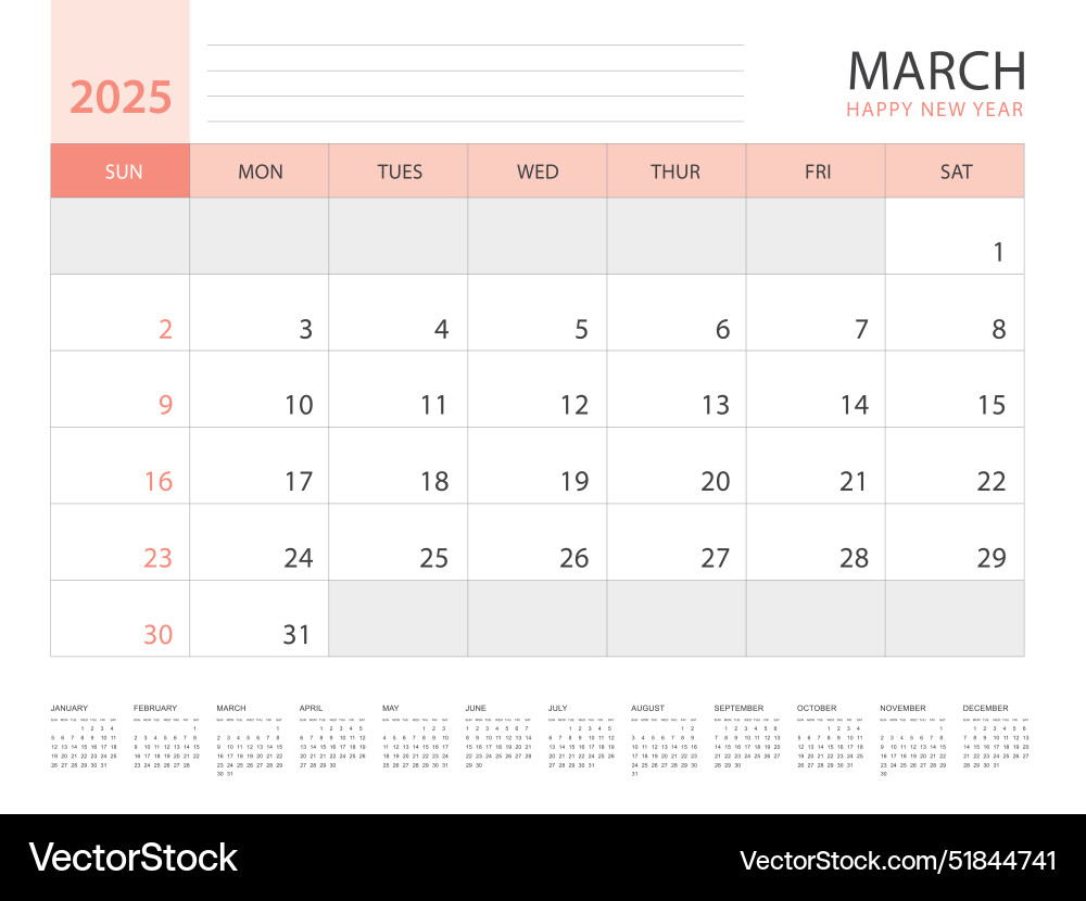 Calendar 2025 year template march design Vector Image
