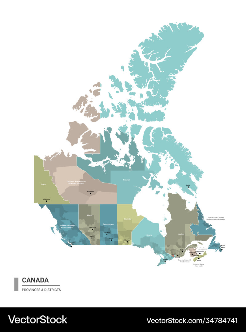 Detailed Canada Map - Provinces & Cities Vector Image