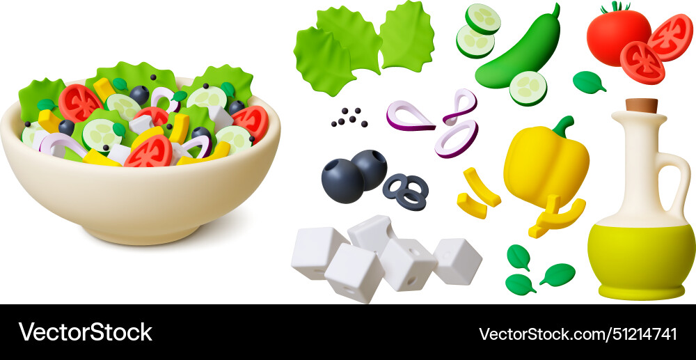 Greek salad 3d render fresh vegetables Royalty Free Vector