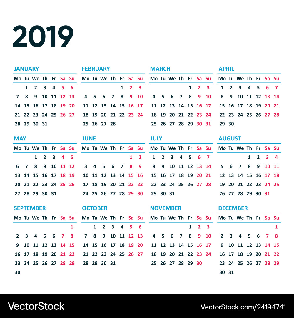 New simple 2019 calendar weeks from monday Vector Image