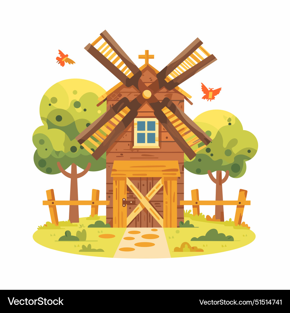 Traditional wooden windmill surrounded lush Vector Image