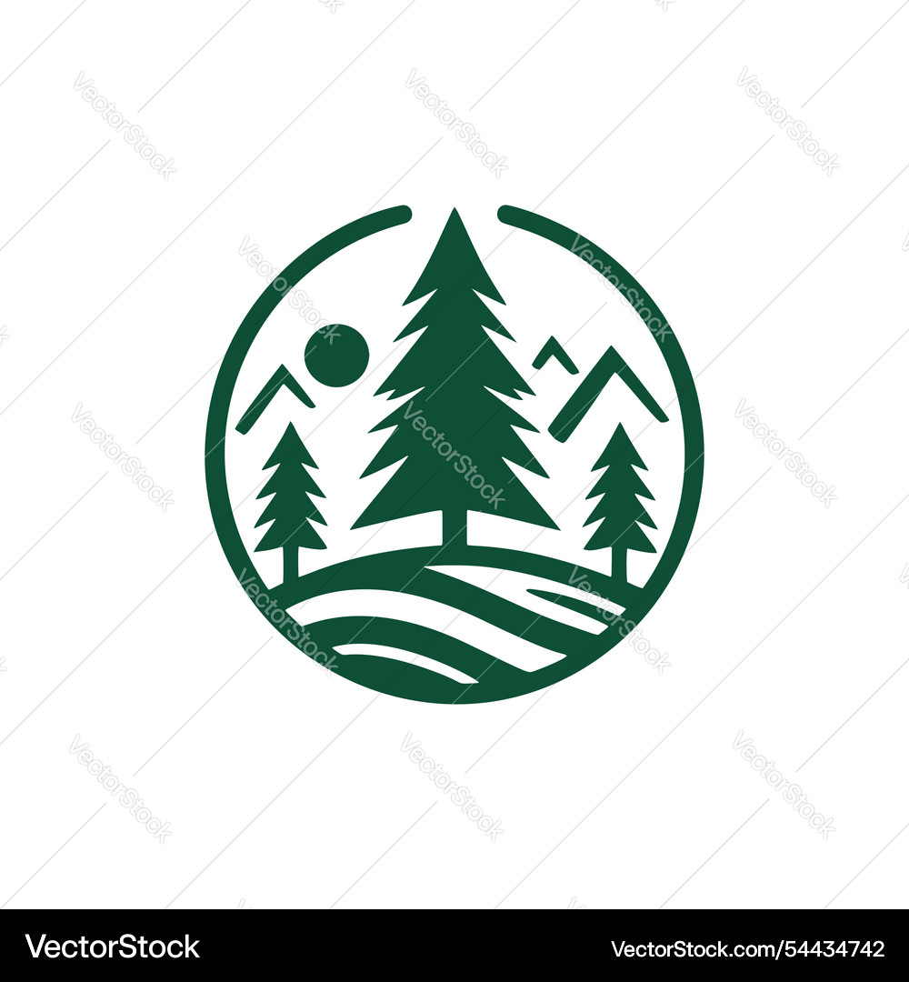Simple green forest and mountain logo with circle Vector Image