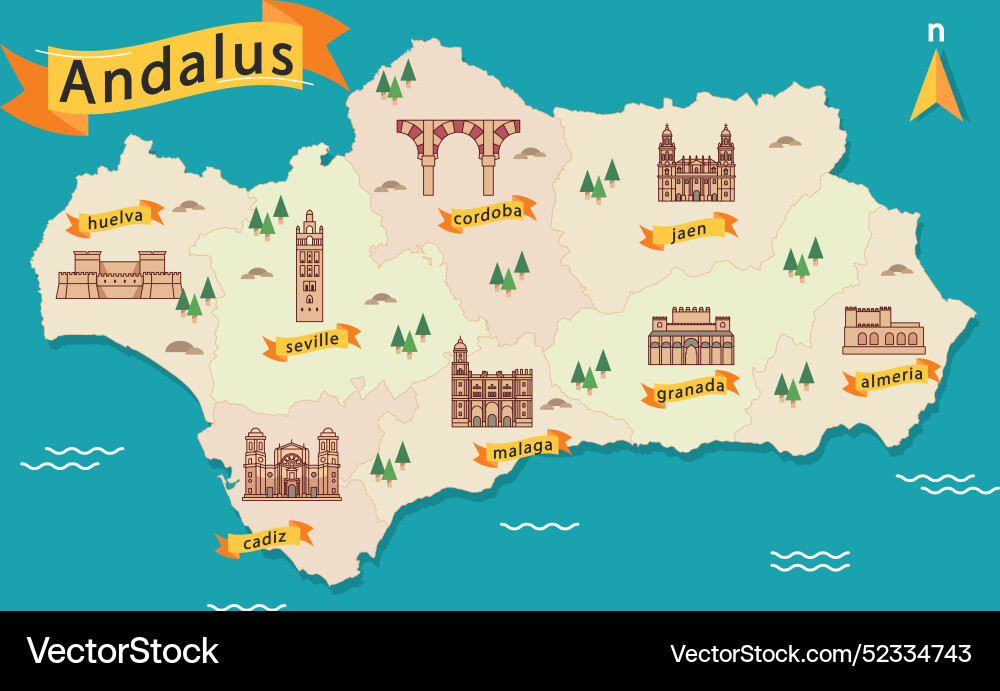 Andalusia map with landmarks Royalty Free Vector Image