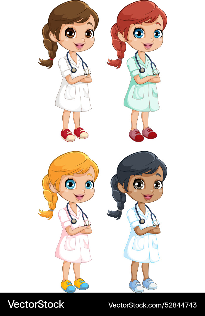 Four diverse nurses in colorful uniforms Vector Image