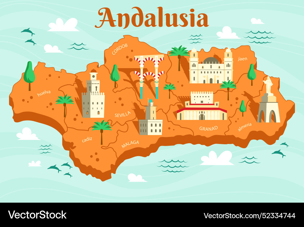 Andalusia map with landmarks Royalty Free Vector Image
