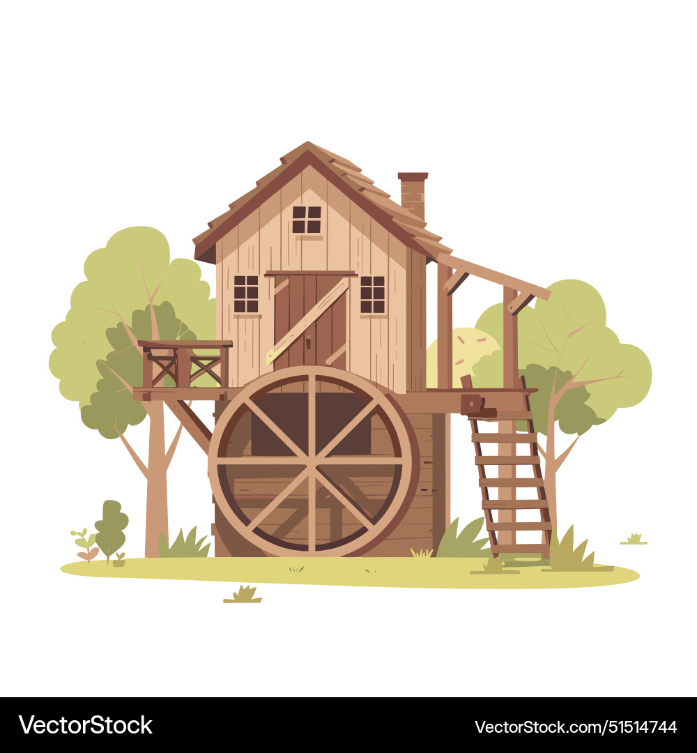 Rustic wooden treehouse water wheel nestled Vector Image