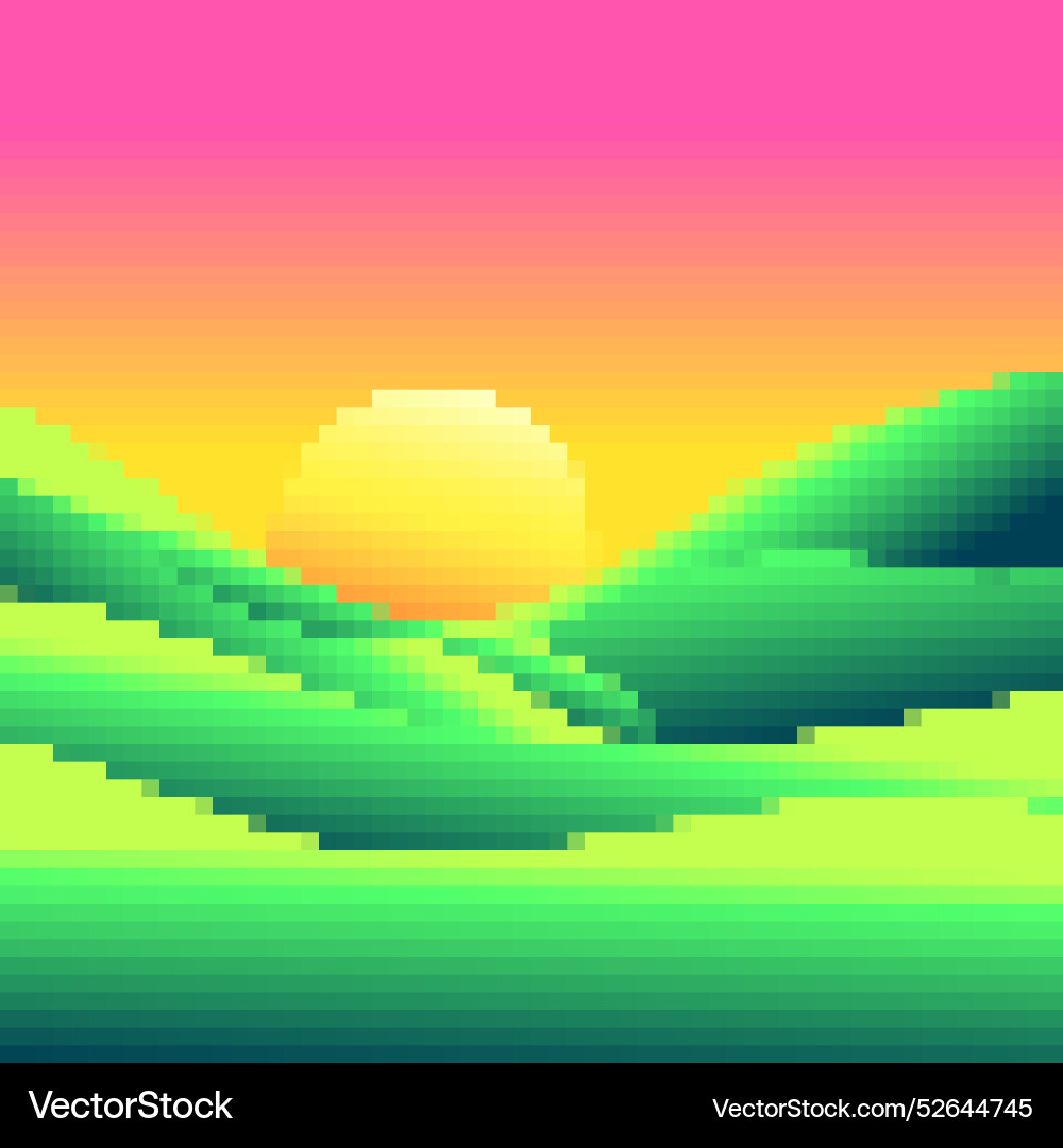 Green meadows at dawn in pixel art style rising Vector Image