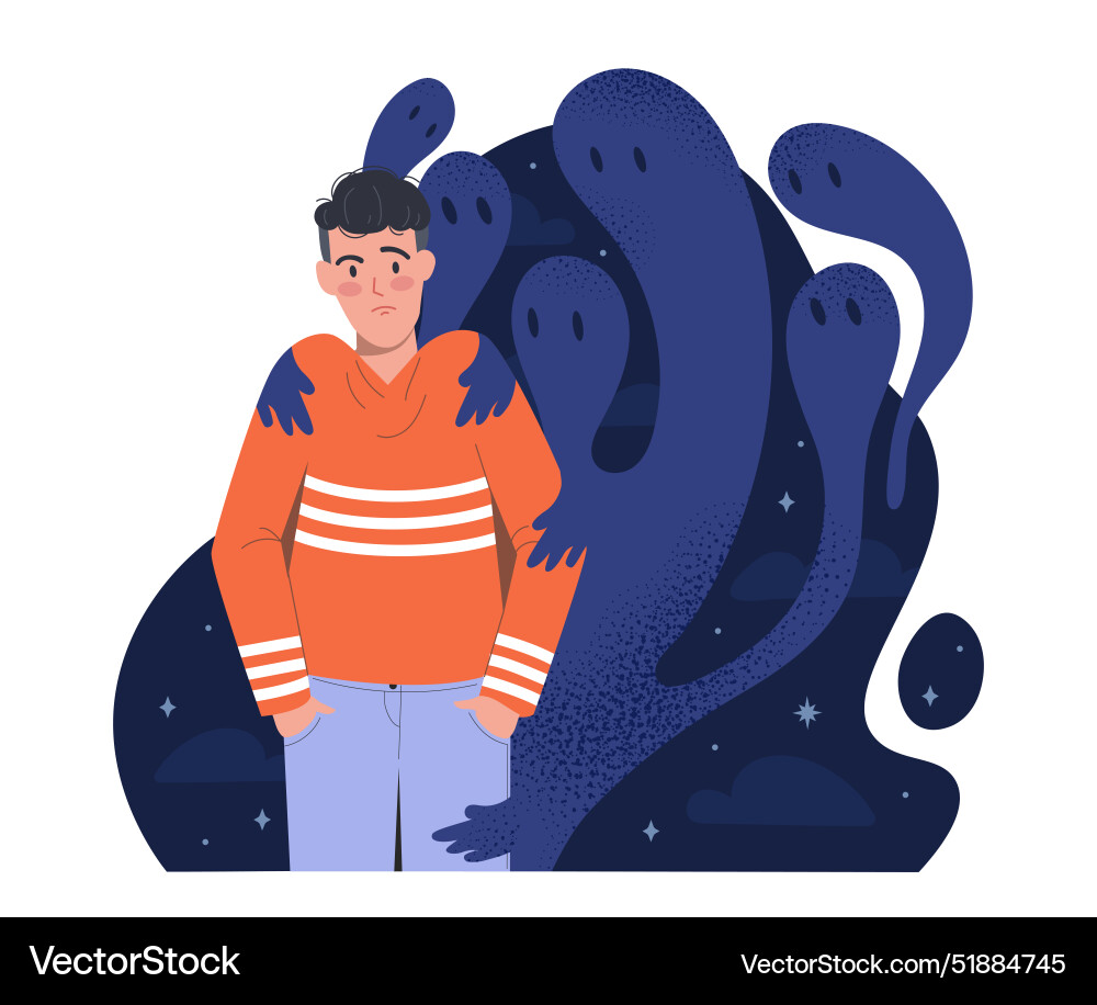 Guy with imaginary monster child afraid Royalty Free Vector