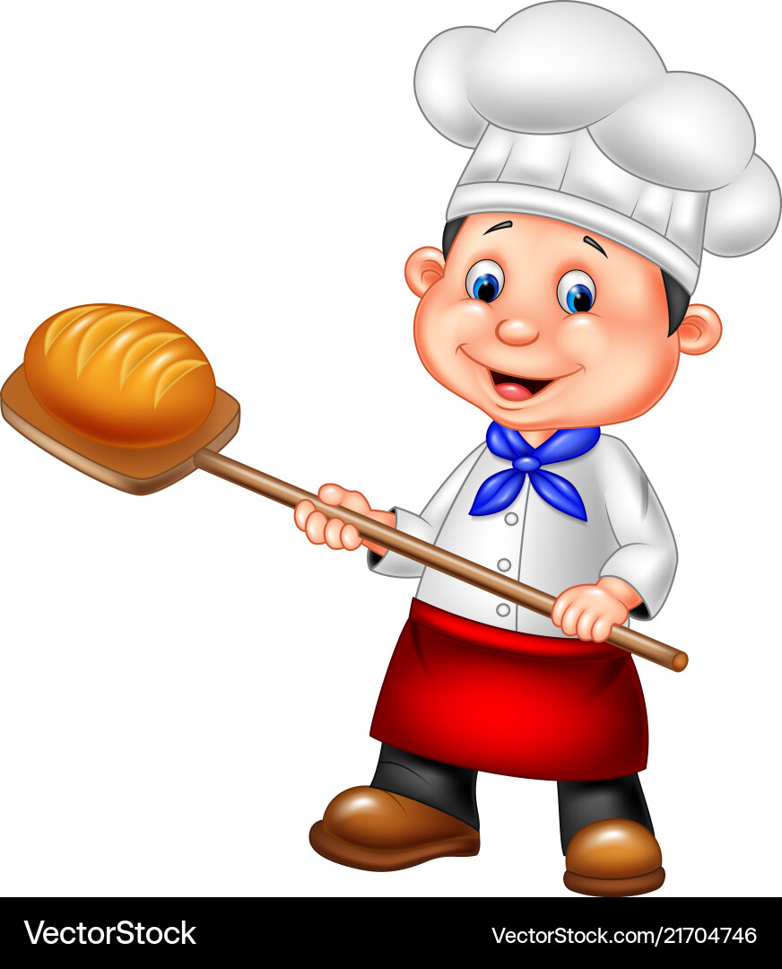 Cartoon baker holding bakery peel tool with bread Vector Image