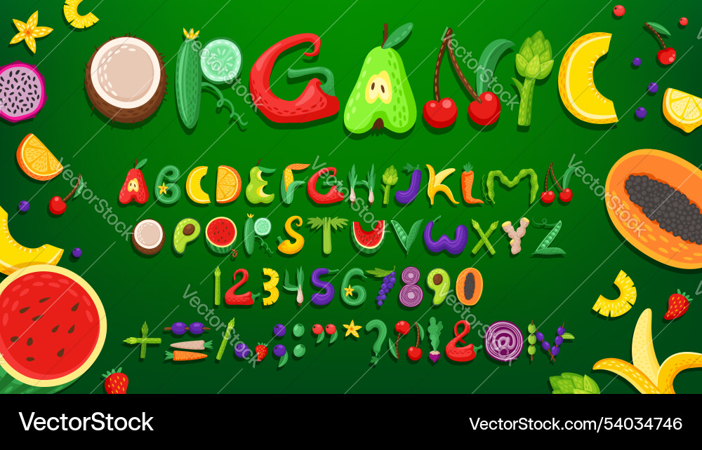 Fruit and vegetable font healthy type alphabet Vector Image