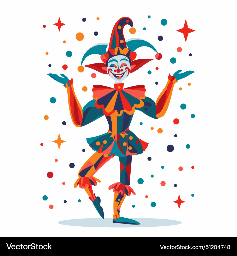 Colorful jester performing tricks amidst Vector Image