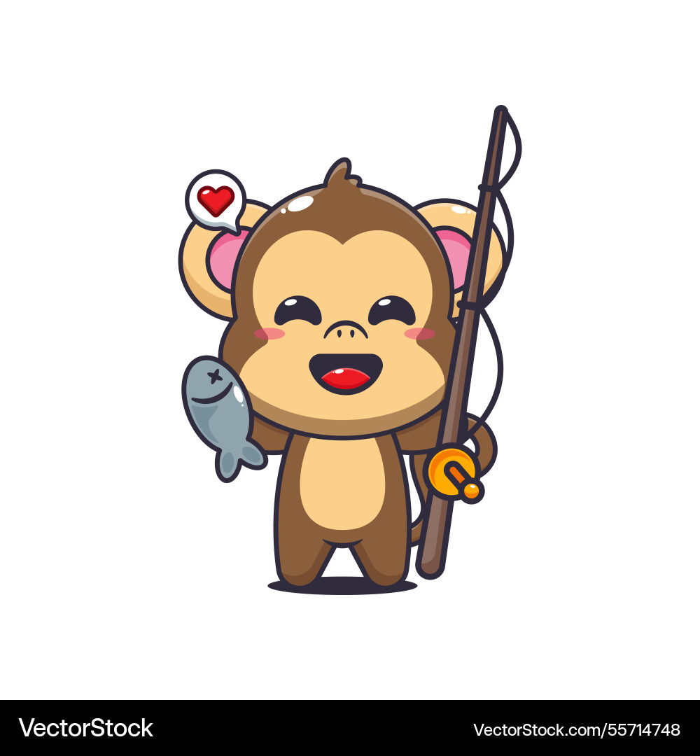 Monkey cartoon catching fish with fishing rod Vector Image