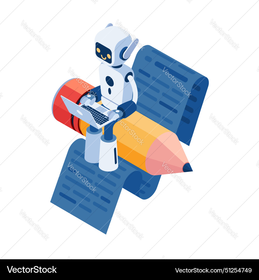 Isometric ai robot sitting on pencil and write Vector Image