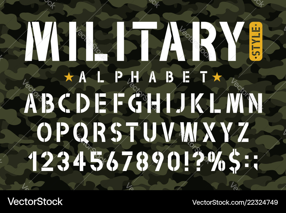 Military stencil font on camouflage background Vector Image