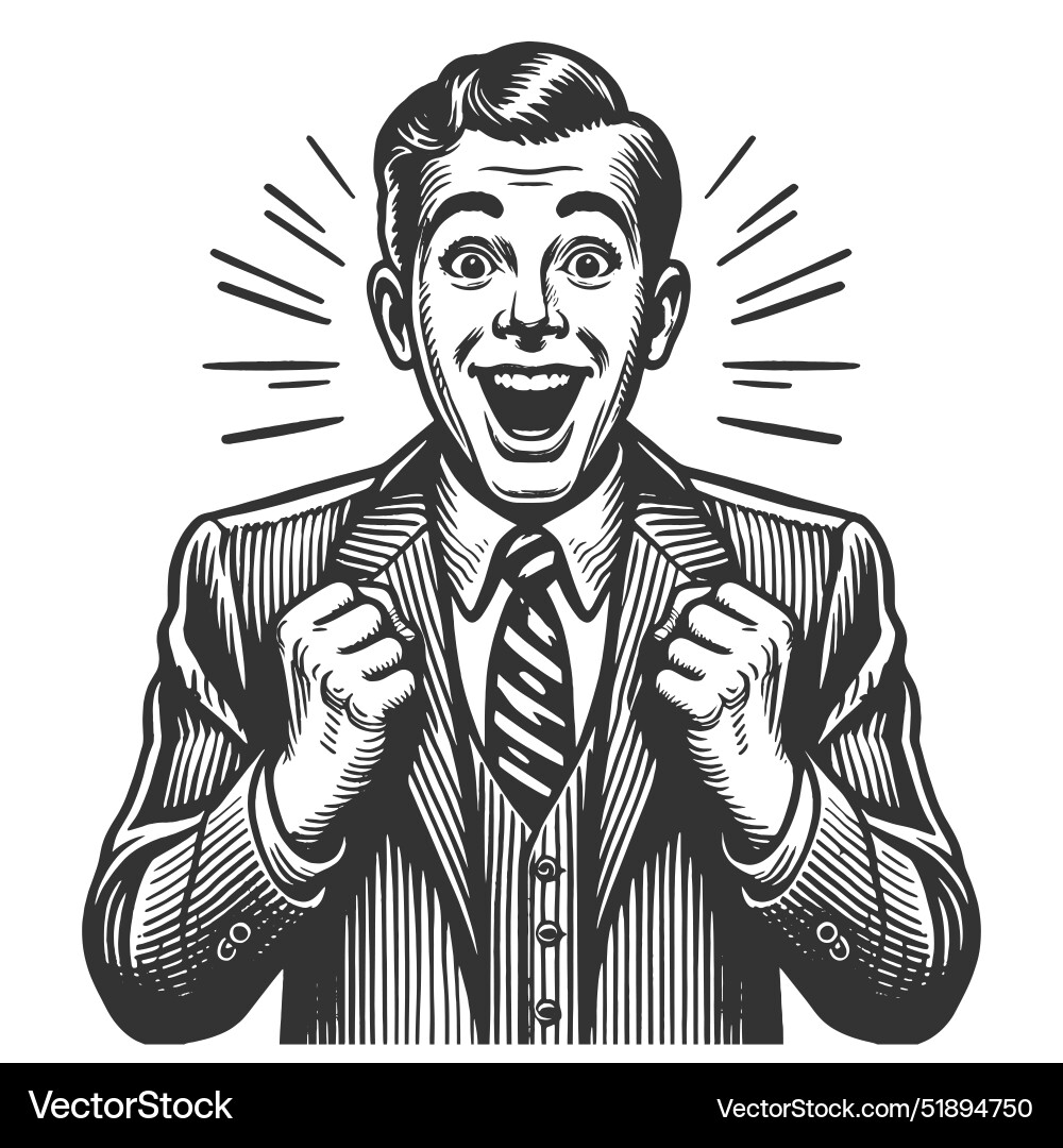 Excited retro man in suit engraving Royalty Free Vector