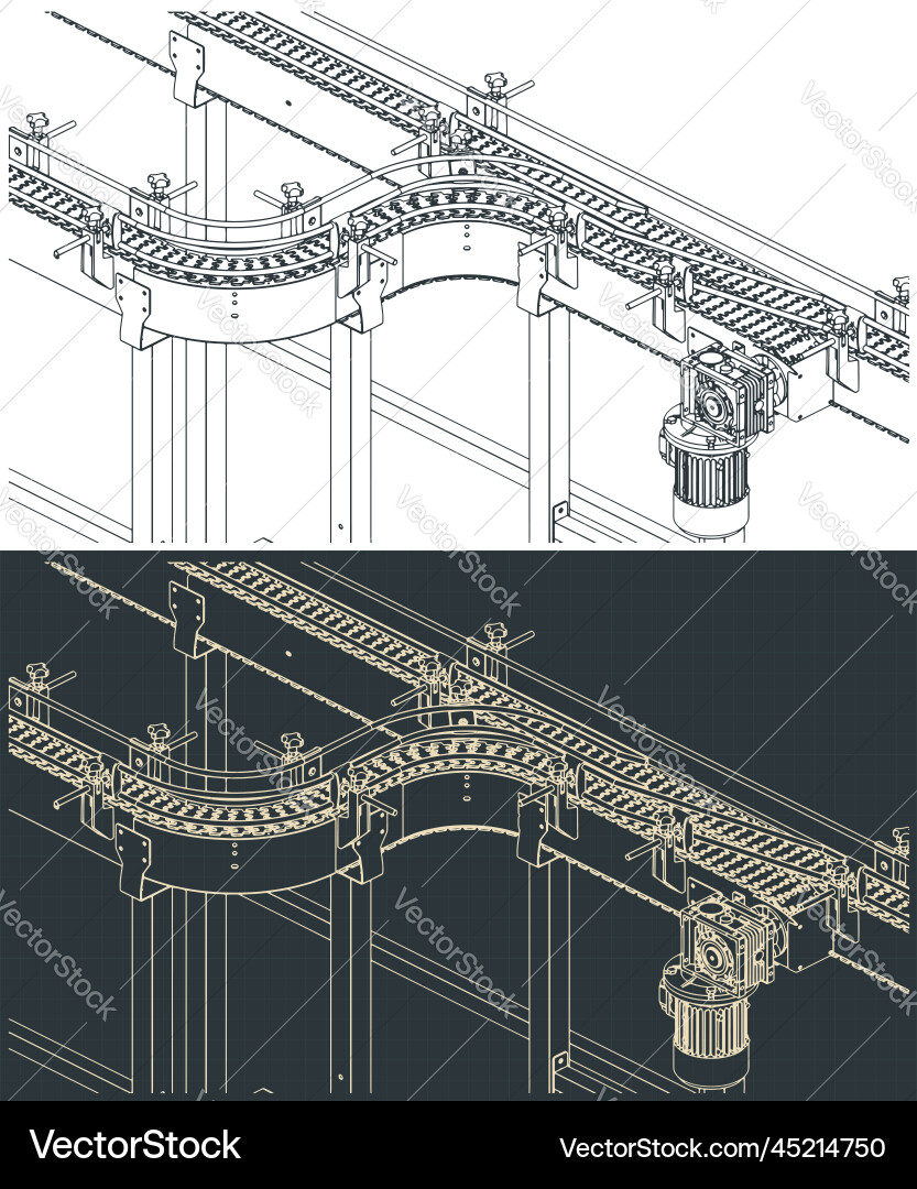 Flex link conveyor isometric blueprints Royalty Free Vector