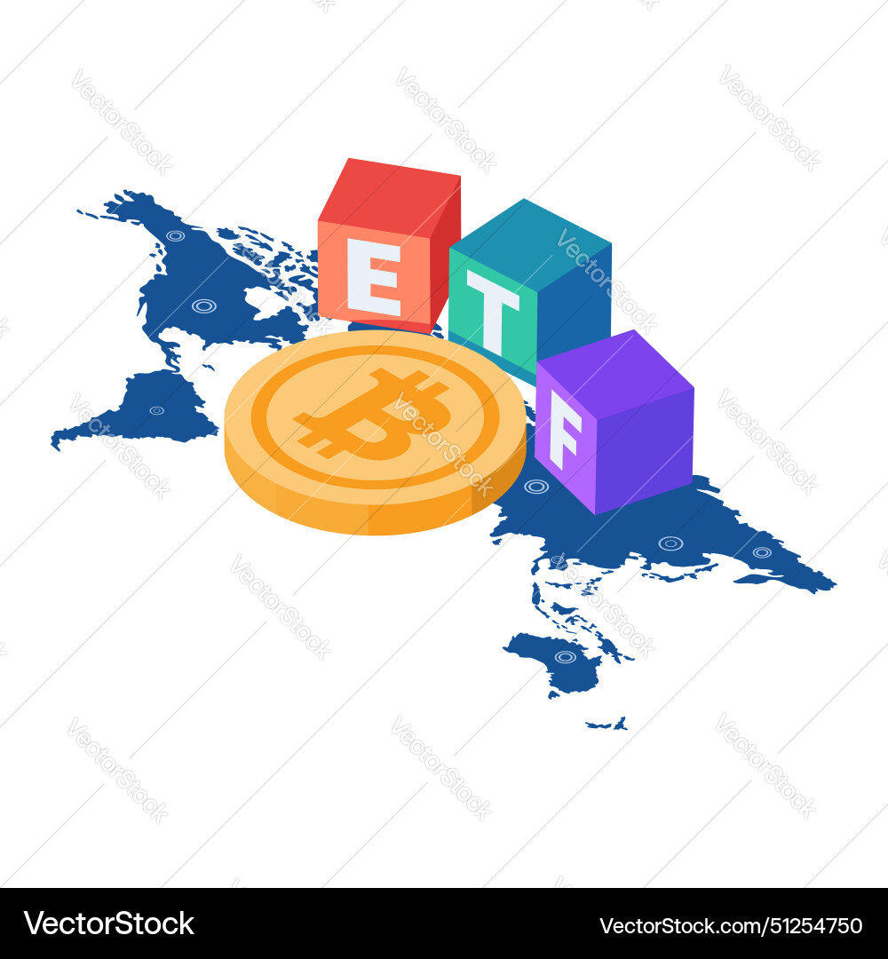 Isometric bitcoin etf on world map Royalty Free Vector Image