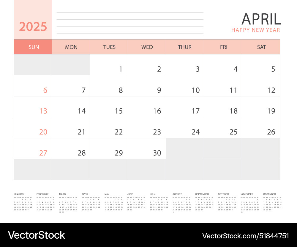Calendar 2025 year template april design Vector Image