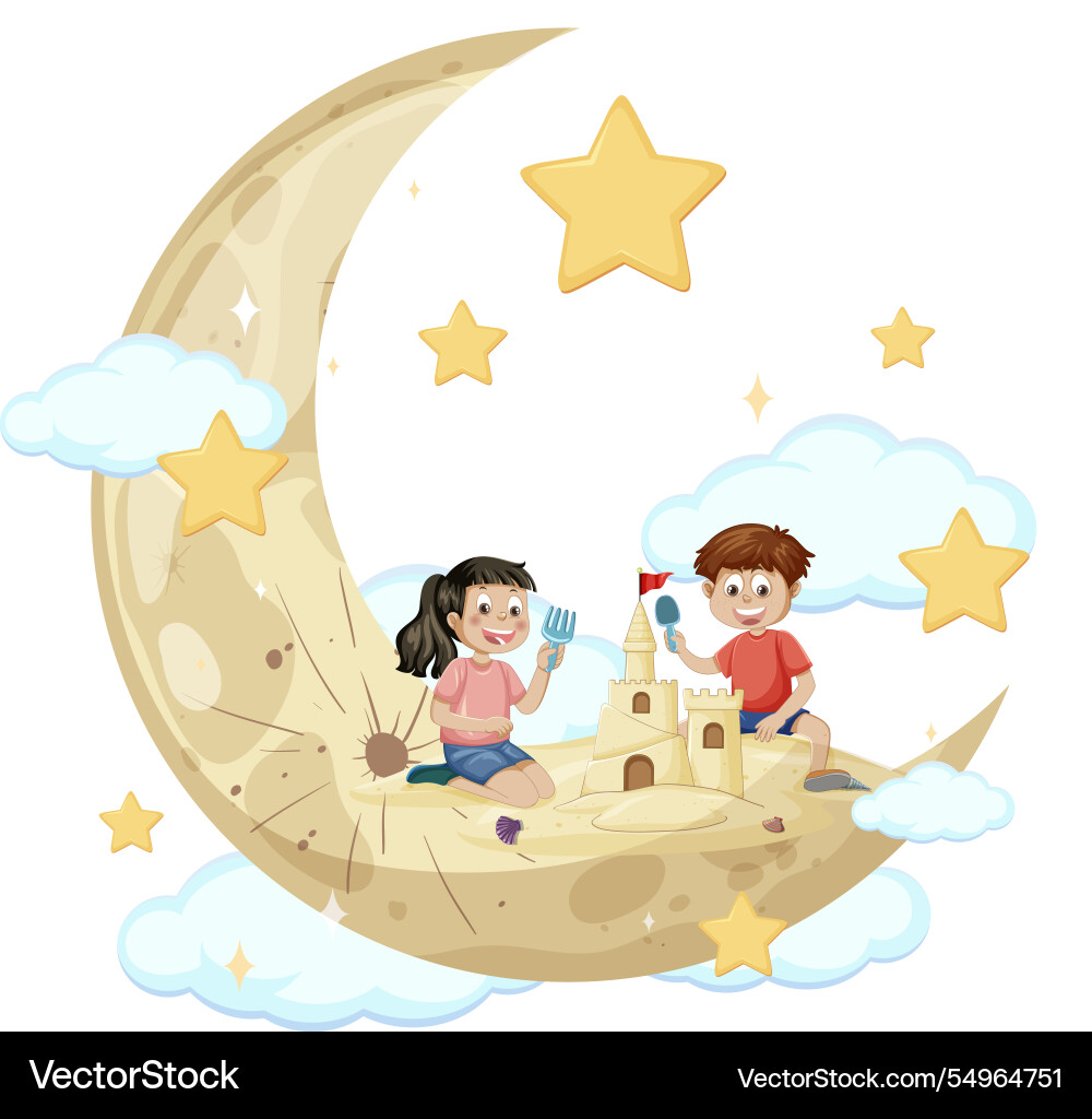Kids playing on a crescent moon with stars Vector Image