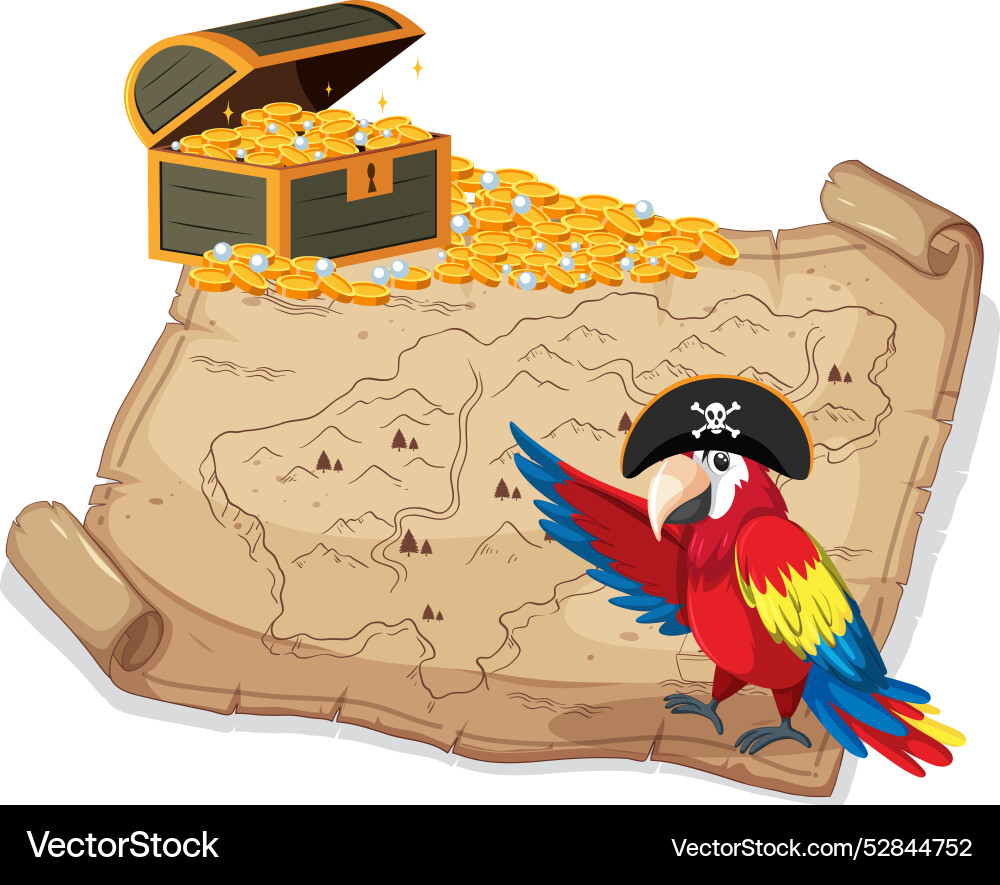 Colorful parrot on a treasure map Royalty Free Vector Image