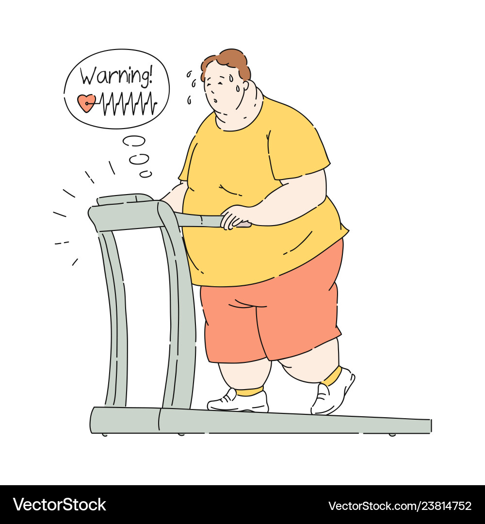 Overweight obese man sweating at treadmill Vector Image
