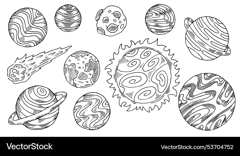 Planets and space set sketch Royalty Free Vector Image