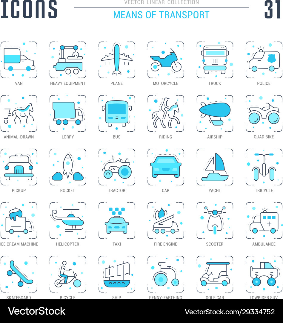 Set blue line icons means transport Royalty Free Vector