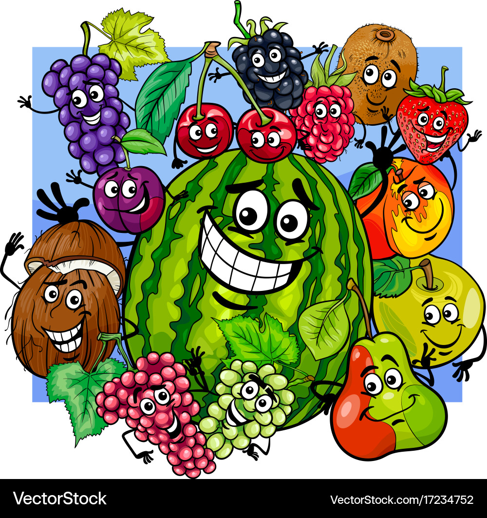 Witty fruit characters group cartoon Royalty Free Vector