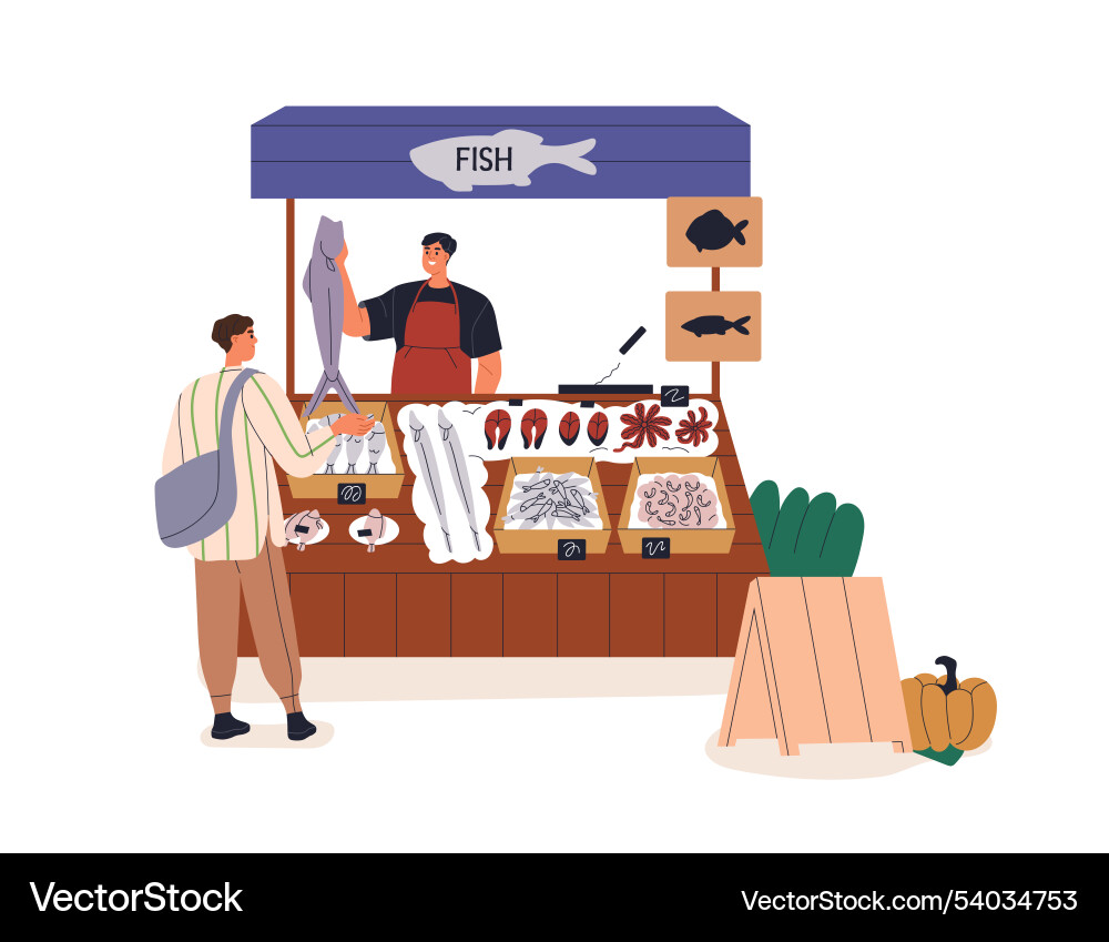 Fish market stall fishmonger selling fresh Vector Image