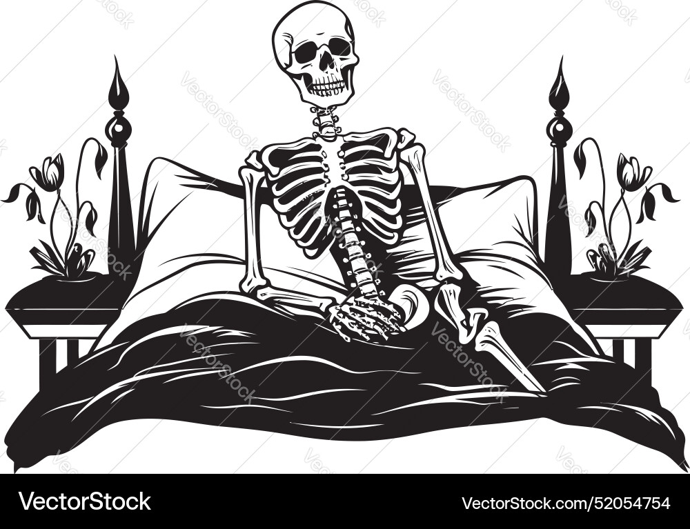 Rest in darkness skeleton resting on bed emblem Vector Image