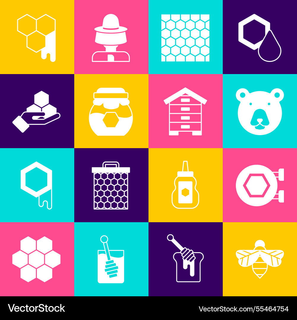 Set bee hanging sign with honeycomb bear head Vector Image