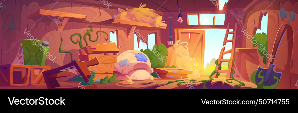 Abandoned destroyed farm barn inside Royalty Free Vector