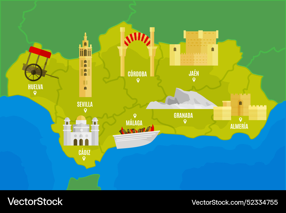Andalusia map with landmarks Royalty Free Vector Image