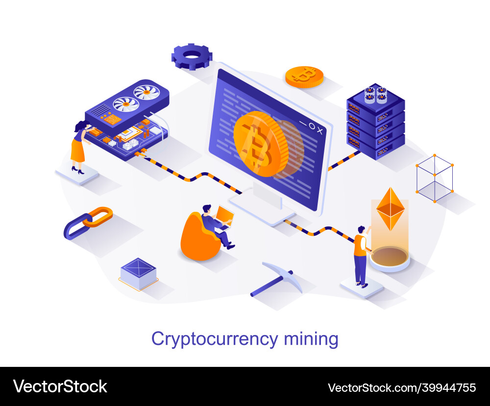 Cryptocurrency mining isometric web concept Vector Image
