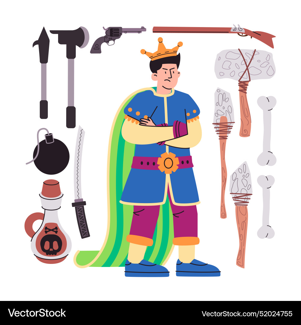 King angry expression with weapon sword bomb Vector Image