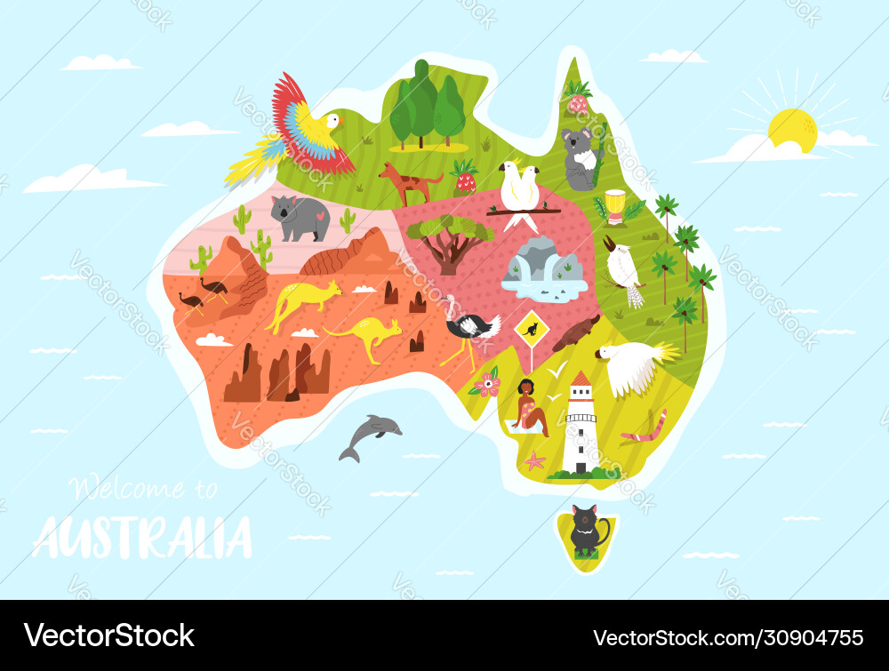 Map australia with animals symbols Royalty Free Vector Image