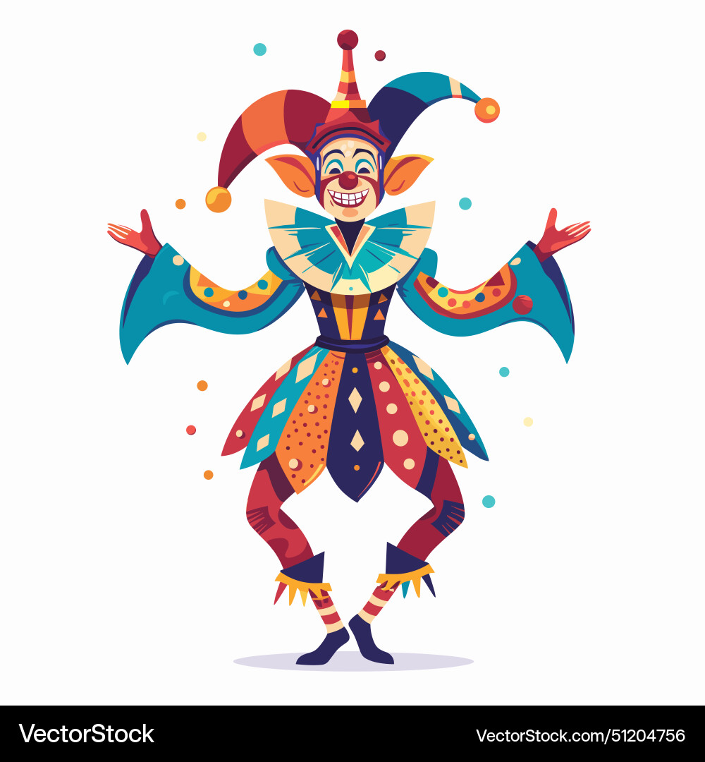 Colorful jester character joyfully spreading arms Vector Image