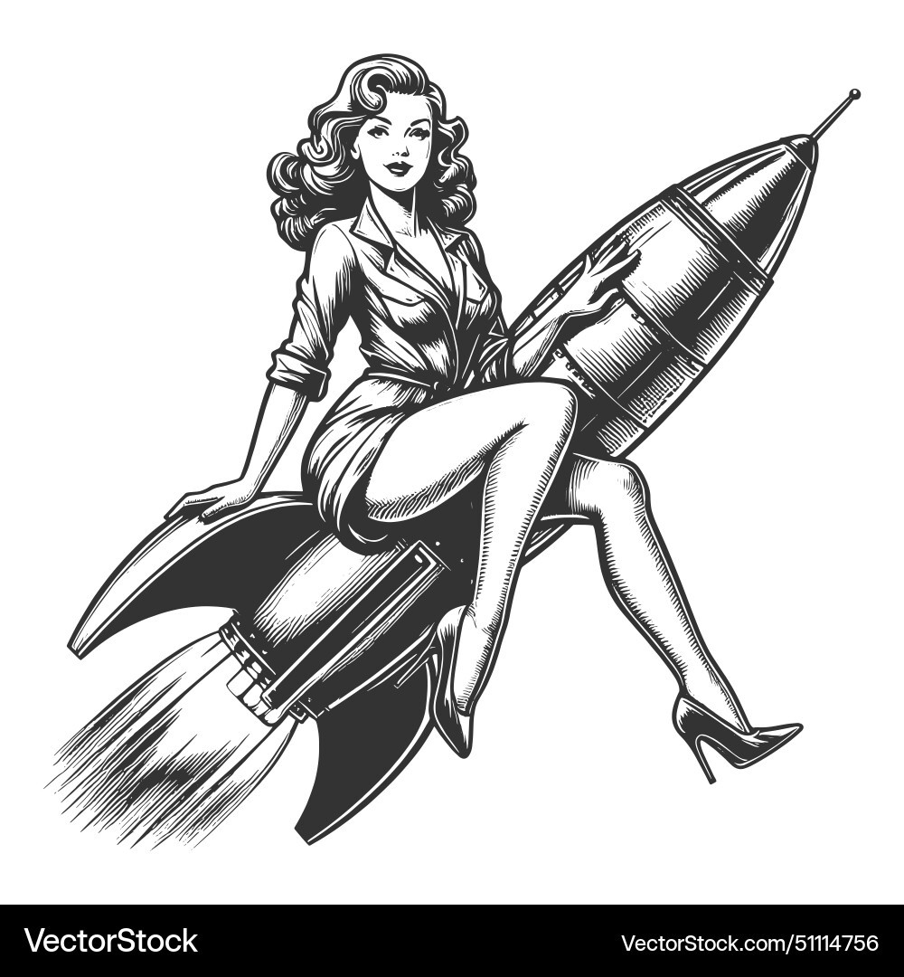 Pin-up girl riding rocket engraving Royalty Free Vector