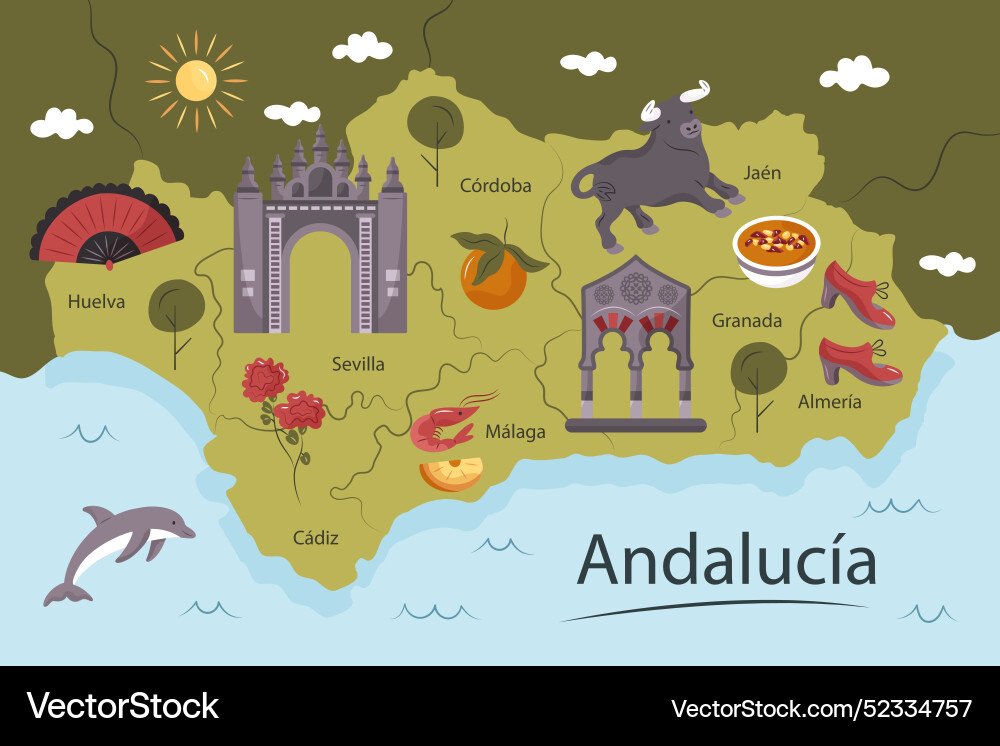 Andalusia map with landmarks concept Royalty Free Vector