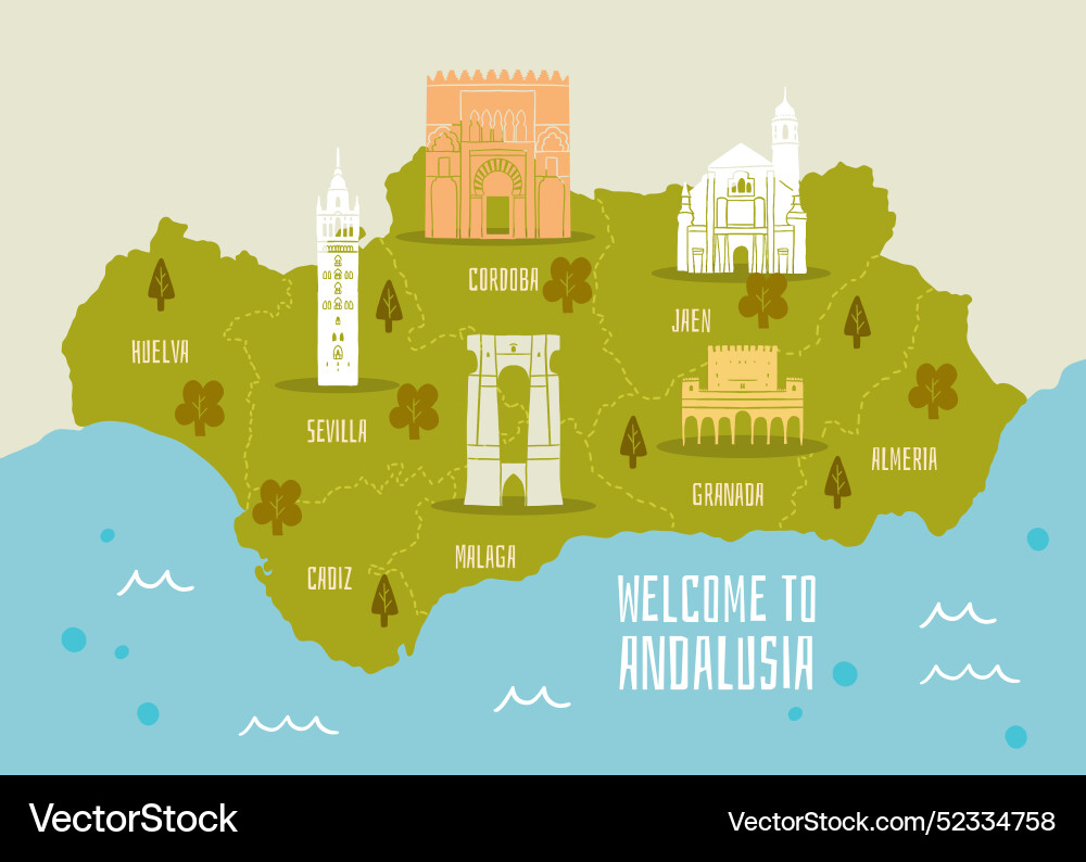 Andalusia map with landmarks design Royalty Free Vector