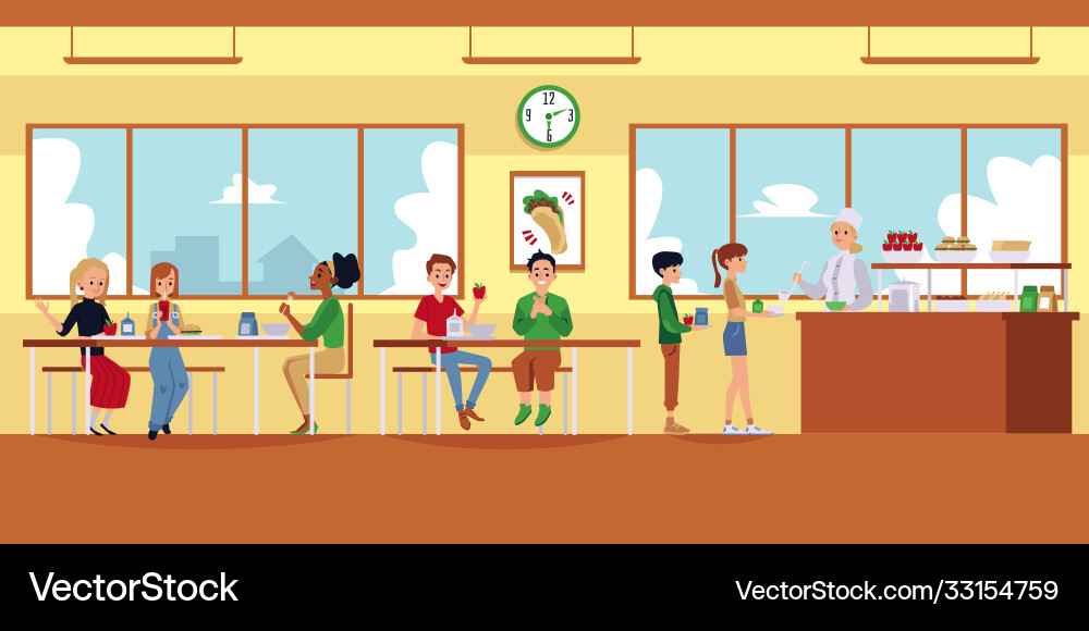 School cafeteria interior with cartoon children Vector Image