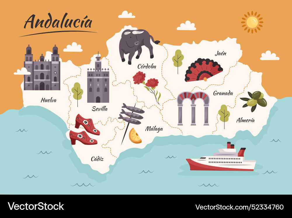 Andalusia map with landmarks Royalty Free Vector Image
