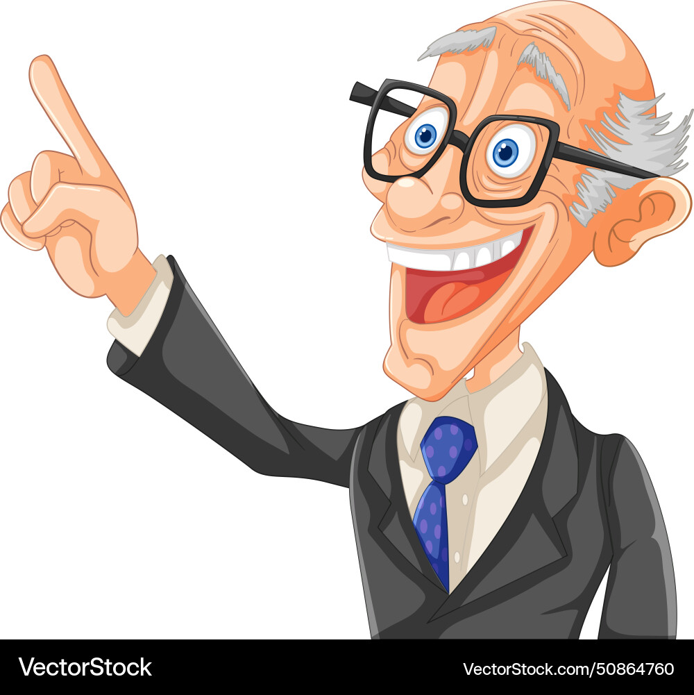 Animated professor pointing upwards with a smile Vector Image